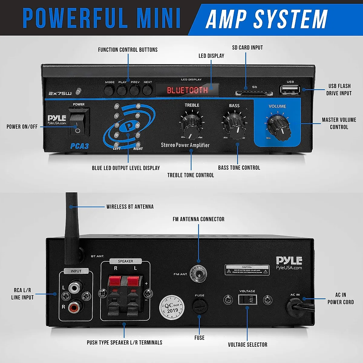 Pyle Home Home Audio Power Amplifier System - 2X75W Mini Dual Channel Sound Stereo Receiver Box w/ LED - For Amplified Speakers, CD Player, Theater via 3.5mm RCA - For Studio, Home Use - Pyle PCA3