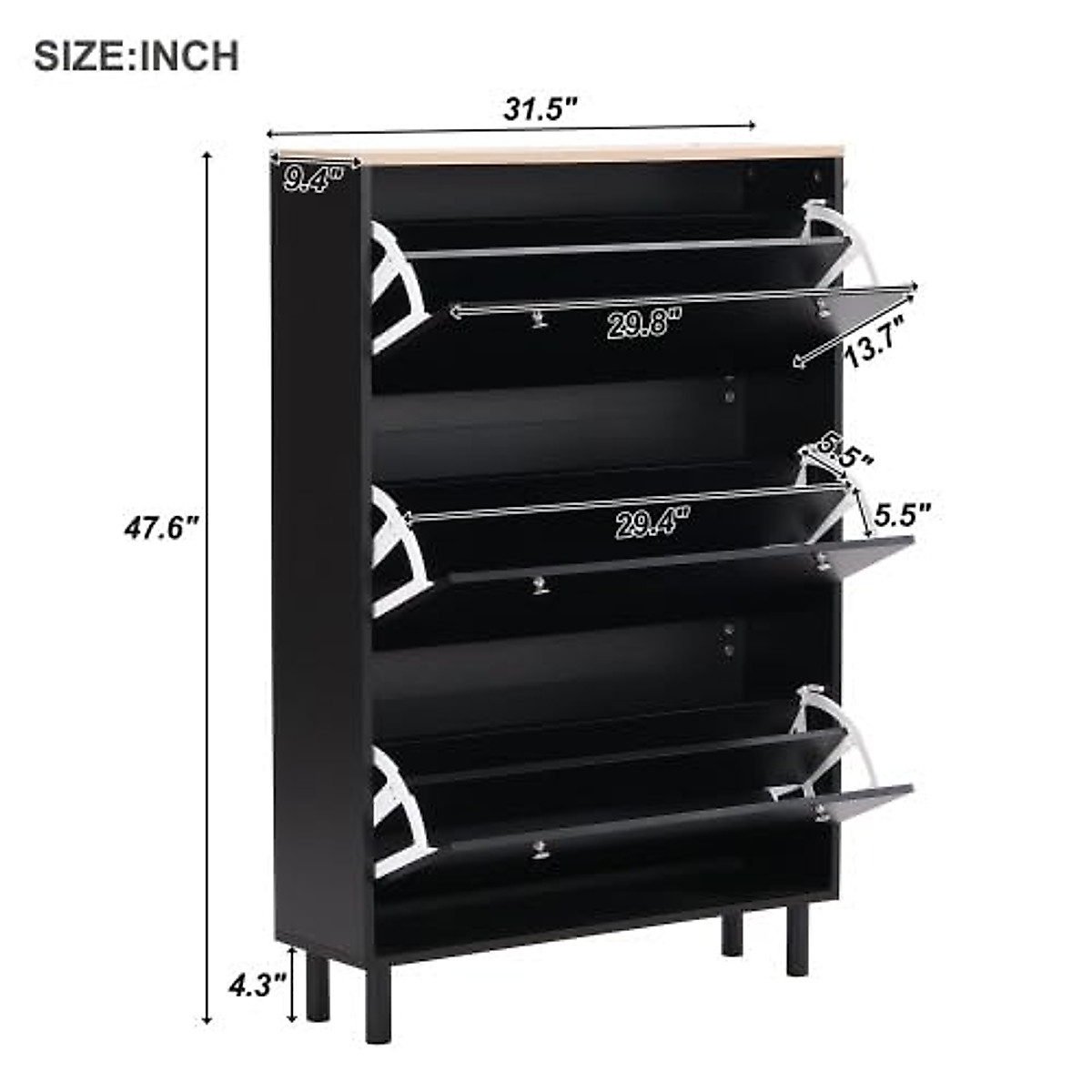 Wekity Narrow Design Shoe Cabinet with 3 Flip Drawers, Wood Grain Pattern Top Entryway Organizer with 3 Hooks, Free Standing Shoe Rack with Adjustable Panel for Hallway (Black)