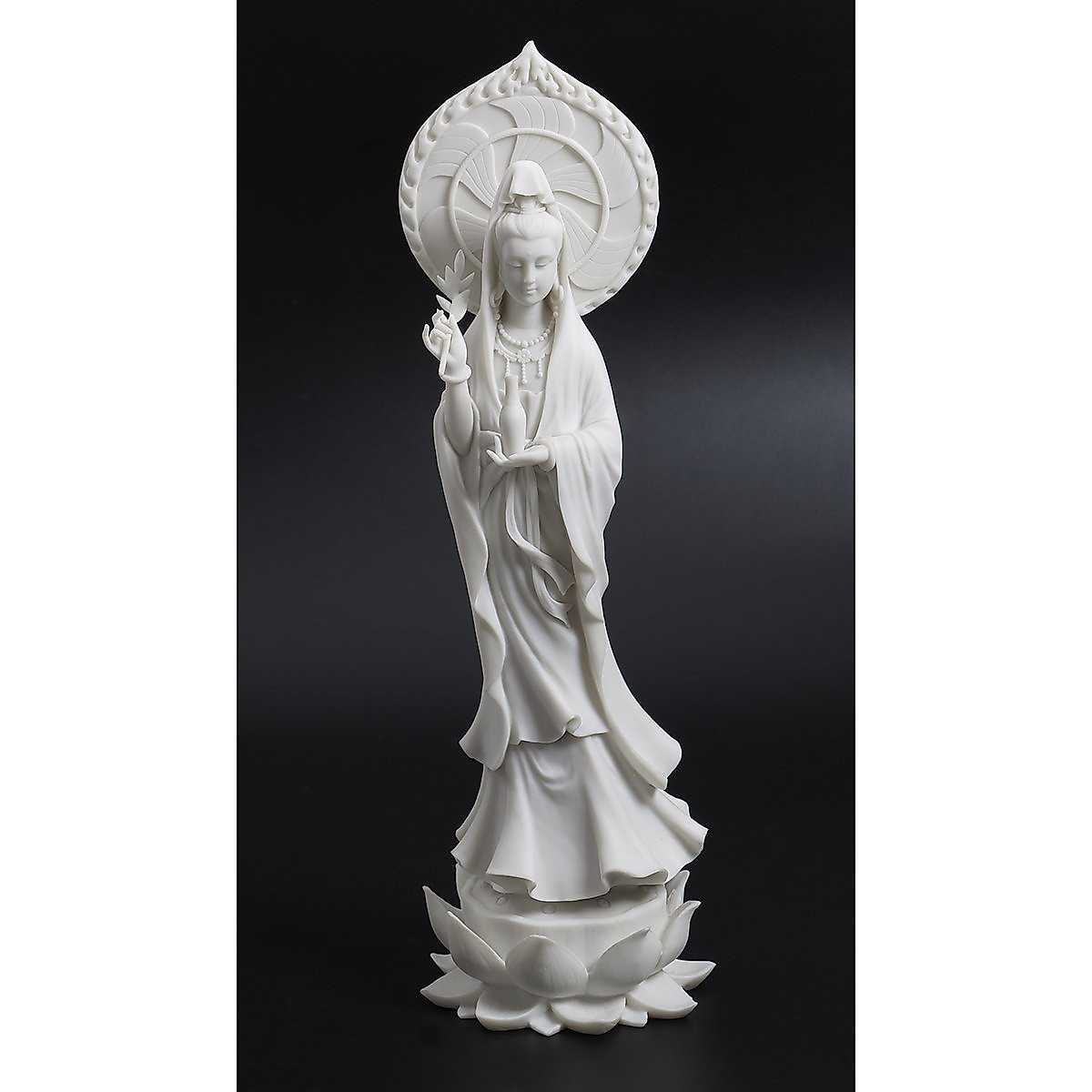 Top Collection 17" Quan Yin Avalokiteshvara on Lotus Pedestal Statue - Premium Resin - White Marble Finish - East Asian Buddhist Deity Goddess of Compassion and Mercy