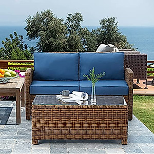 ECOTOUGE Rattan Coffee Table, Wicker Patio Tea Table, Rattan Patio Coffee Tables w/Glass Top
