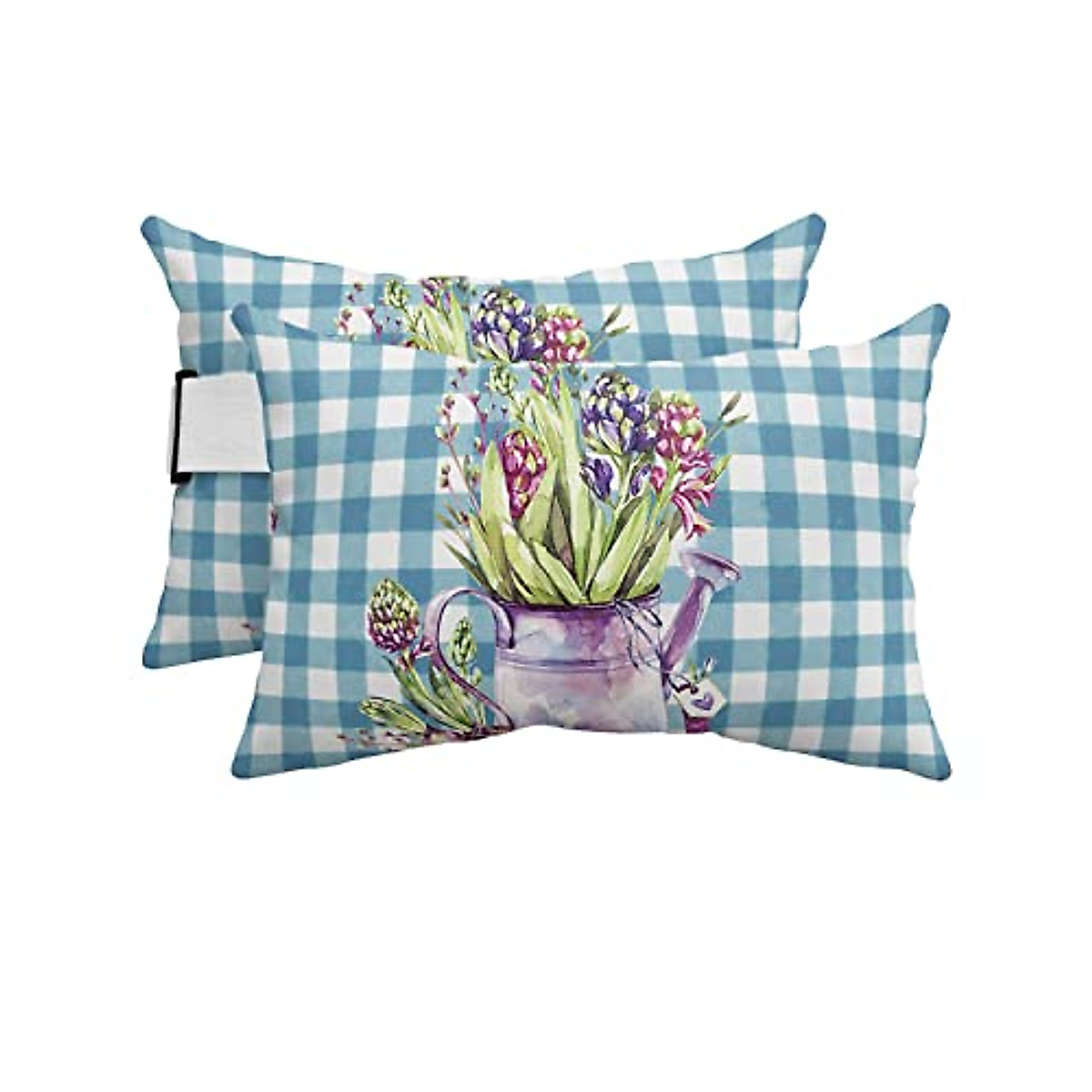 Recliner Head Pillow Ledge Loungers Chair Pillows with Insert Spring Summer Flower Watercolor Blue Buffalo Plaid Lumbar Pillow with Adjustable Strap Patio Garden Cushion for Sofa Bench Couch, 2 PCS