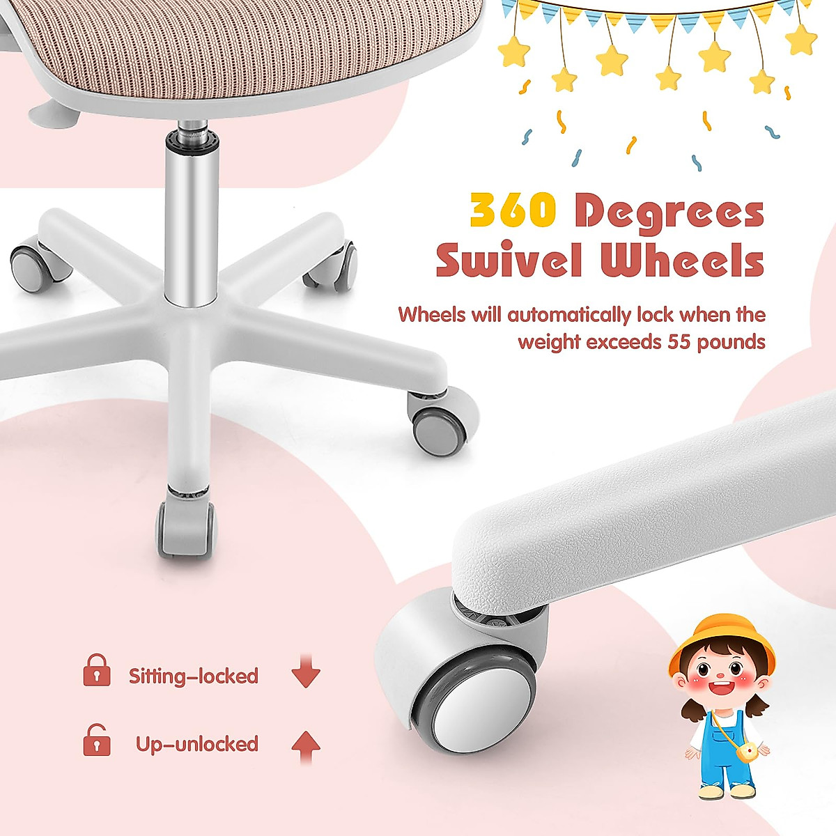 HONEY JOY Kids Desk Chair, Children Computer Chair with Adjustable Height, Ergonomic Kids Office Study Chair with Sit-Brake Wheels, Swivel Mesh Task Desk Chair for Teens Boys Girls (Pink)