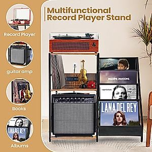 WEGOODLDER 3-Tier Vinyl Record Storage Stand with Built-in USB Ports and Power Outlets, Brown