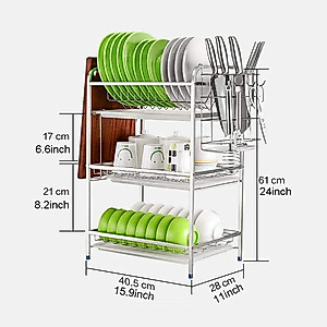 Plate Rack Draining Dish Rack Dish Drying Rack 304 Stainless Steel 3 Tier Dish Rack With Drain Board, Utensil Holder, Cutting Board Pan Plate Holder