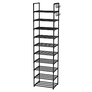 ROJASOP Tall Shoe Rack 10 Tiers Narrow Shoe Rack 20-24 Pairs Vertical Shoe Rack Space Saving Stackable Tall Shoe Rack for Closet Entryway Durable Shoe Shelf Storage Metal Shoe Tower with 8 Hooks