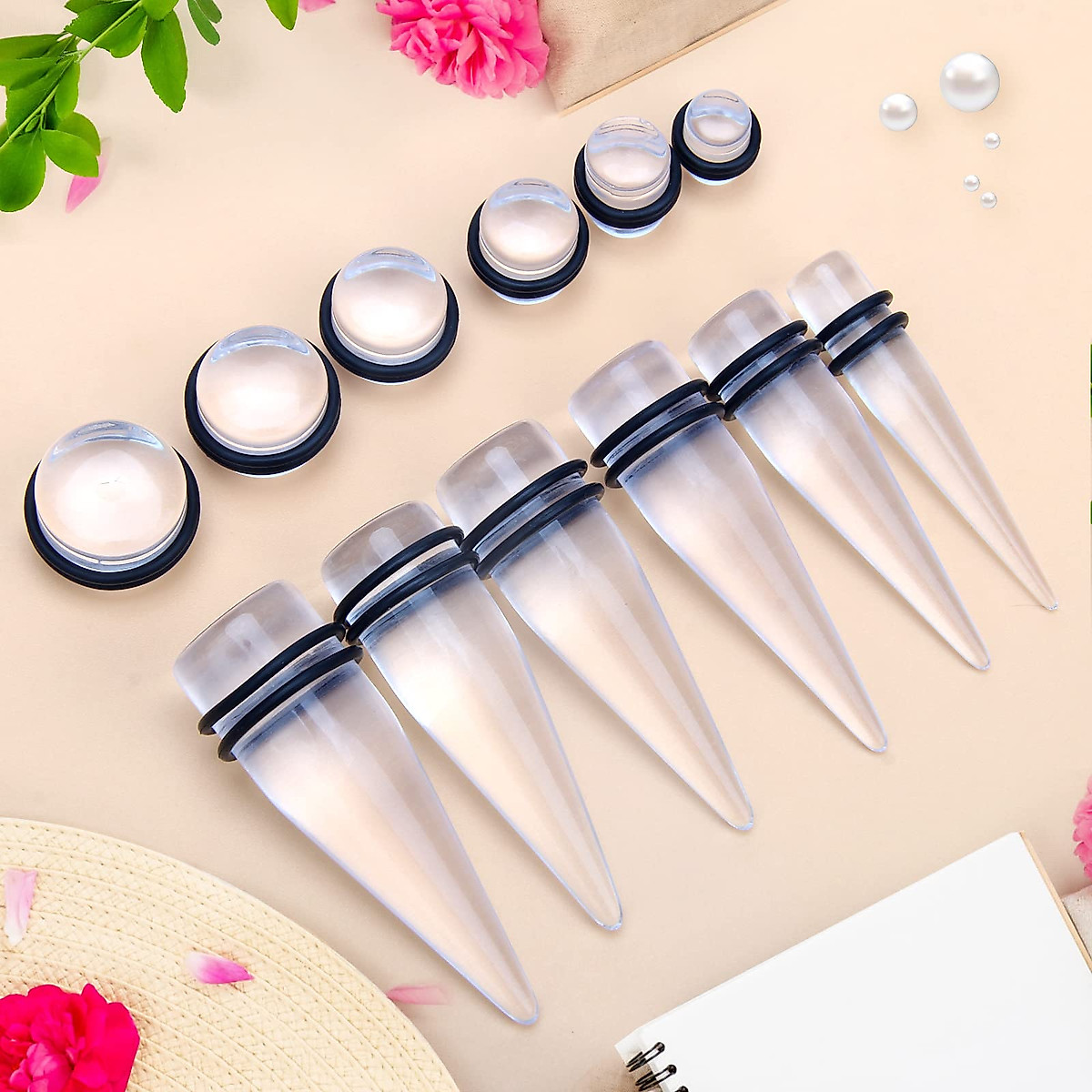 CrazyPiercing Big Ear Gauges Kit 24 Pieces Acrylic Tapers and Plugs Double O-rings Stretching Set