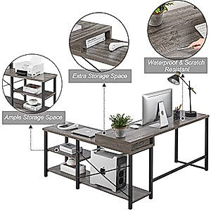 BON AUGURE Industrial L Shaped Computer Desk with Shelves, Rustic Wood Home Office Desks, Reversible Corner Desk with Storage (59 Inch, Dark Grey Oak)
