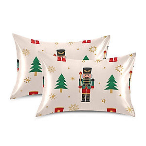 Christmas Tree Nutcracker Pillow Covers Silk Pillowcase for Soft Breathable Smooth Cooling Satin Pillowcase Standard Size Pillow Case for Women Hot Sleepers, Night Sweats Bed (20x26 Inch)