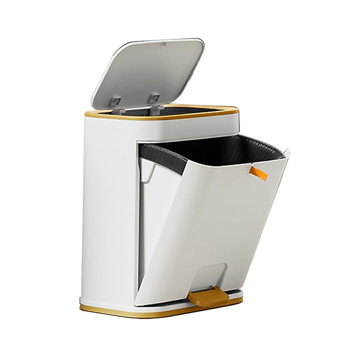 Bathroom Trash Can with Lid, Plastic 3 Gallon Garbage can with Press top Lid, Gold Step Pedal Trash can, Narrow White Trash bin for Kitchen, Bathroom, Bedroom, Living Room, Office, Dog Proof Trash Can