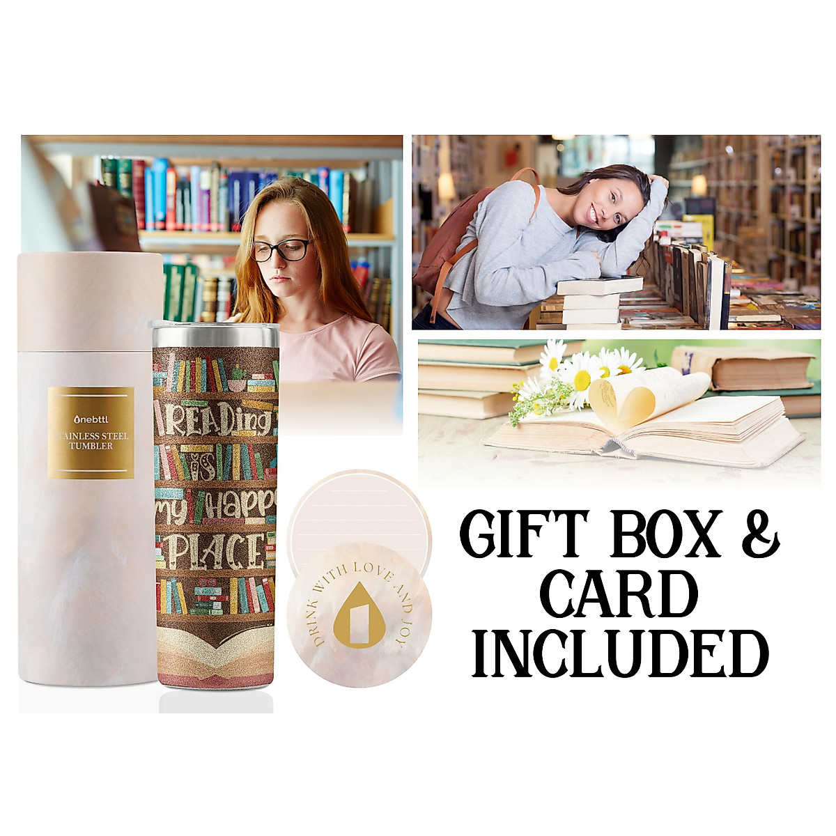 Onebttl Book Lovers Gifts For Women - 20oz/590ml Stainless Steel Insulated Tumbler with Straw, Lid - Reading Gifts for Book Worm, Librarians, Readers - Bookshelf Glitter