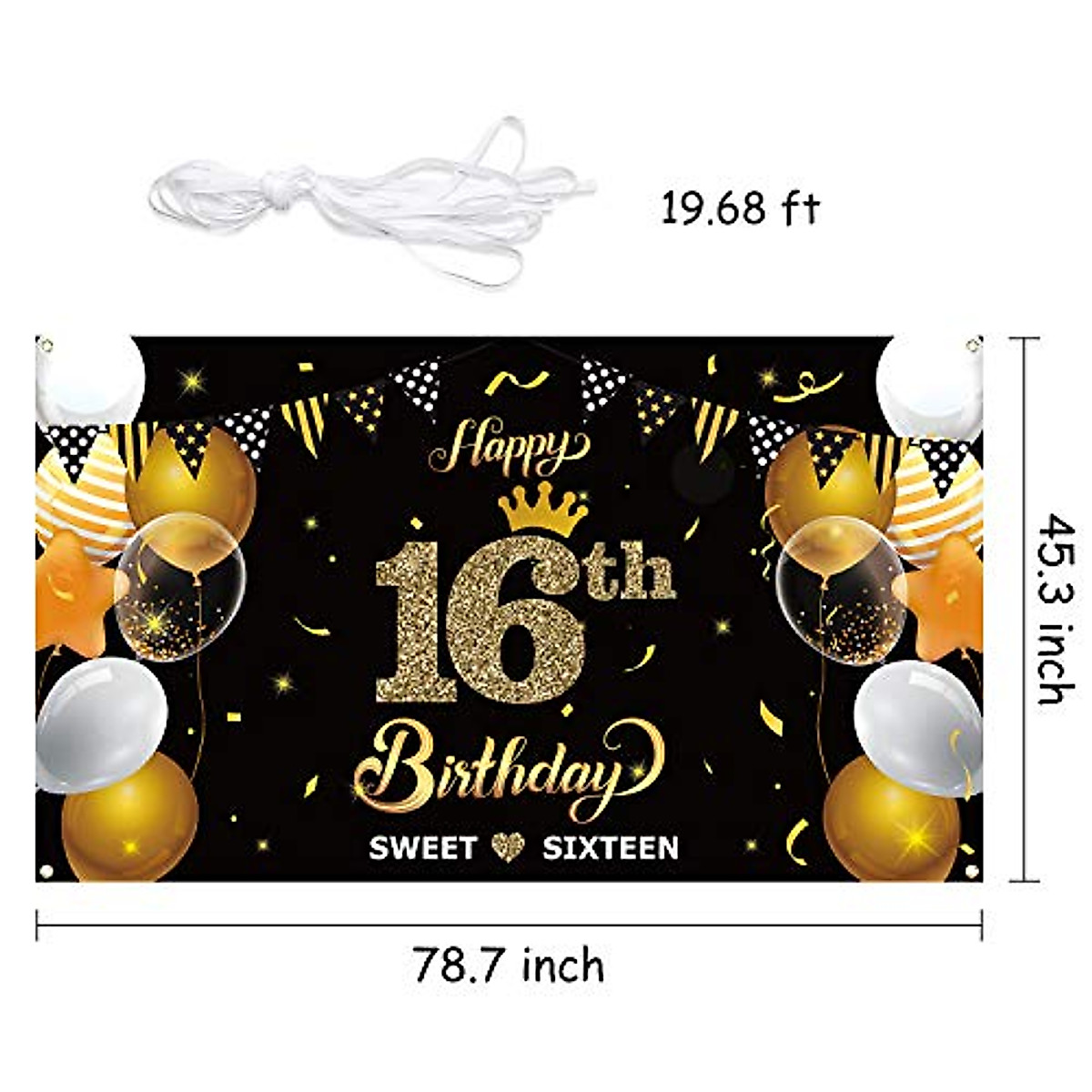 WATINC Happy 16th Birthday Backdrop Banner Background Banners 78” x 45” XtraLarge Backdrops Balloons Black Gold Party Decorations Supplies for Indoor Outdoor Photo Booth Props