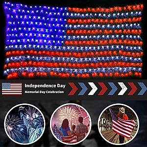 MZD8391 Solar American US Flag Lights [Solar & USB 2 Power Way], 420 LEDs Waterproof USA Net Lights, 6.75 FT x 3.53 for Garden, 4th of July, Independence Day Decoration