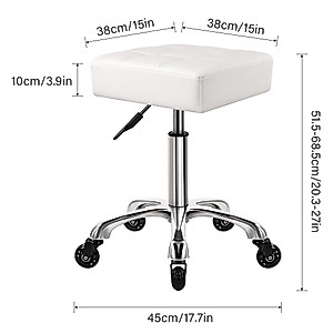 WKWKER Modern Heavy Duty Rolling Stoool Square Thick Leather Seat 360 Swivel Stool with Wheels Height Adjustable Stool Chair for Home Kitchen Drafting Lab Office Salon Massage（White）