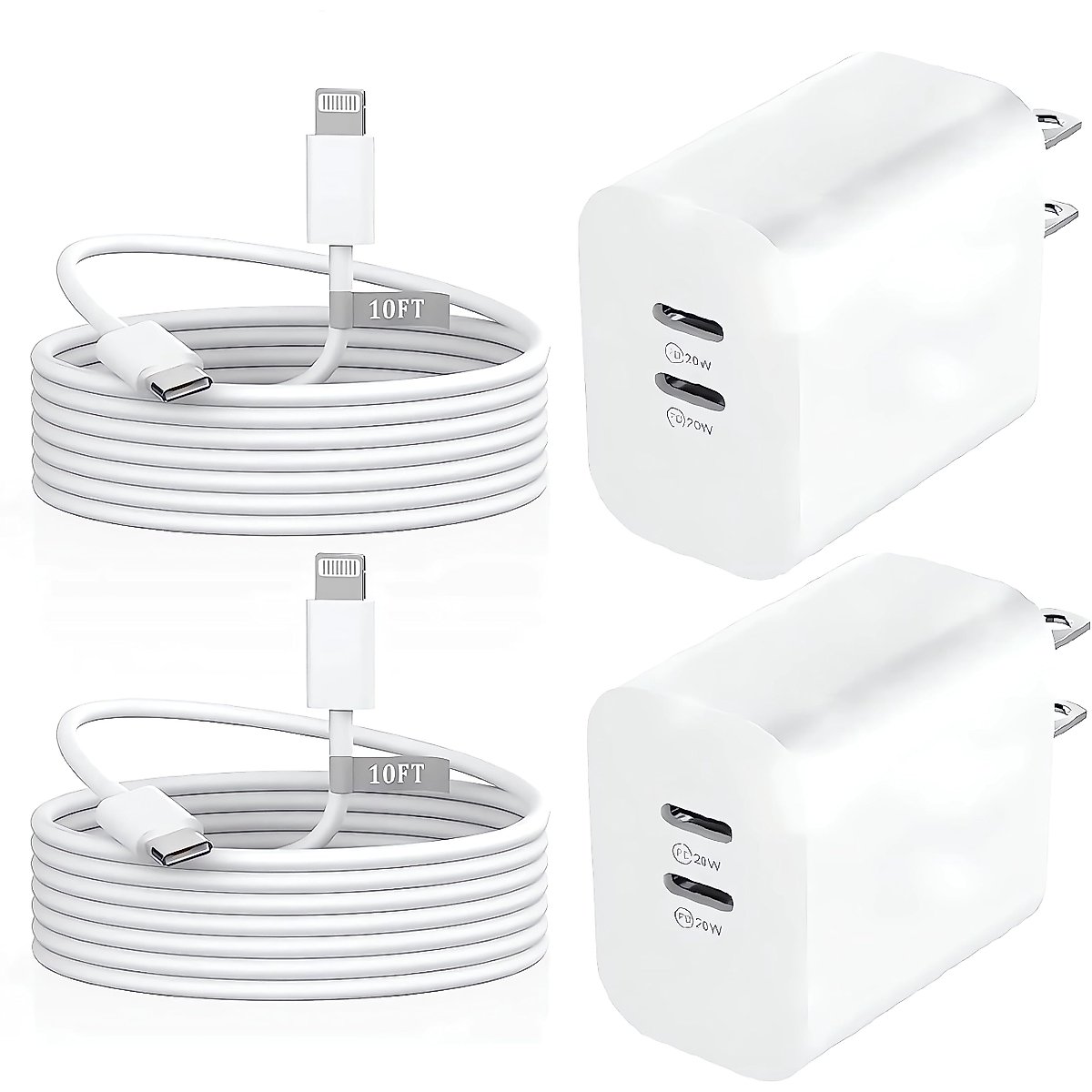 USB C Fast Charger,[MFi Certified] 2 Pack 40W Dual Port Charger Fast Charging with 10 FT Long Type C to Lightning Cable 20W PD Power Adapter for iPhone 14 13 12 11 Pro Xs Xr X 8 Block