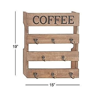 Deco 79 Wood Coffee 8 Hangers Wall Hook, 15" x 3" x 19", Brown