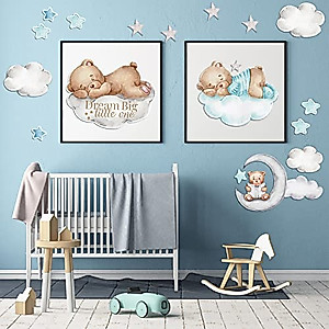 12 Sheet 78 Pcs Bear Wall Decals Decor, Sweet Dreams Little One Cloud Balloon Bear Boys Wall Decor Cute Bear Sleeping on The Moon Stars Wall Sticker for Kids Baby Room Nursery Decor