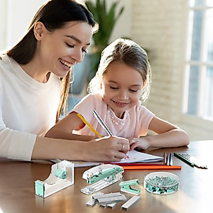 Office Supplies Set Desk Accessory Kit, Acrylic Stapler Set Staple Remover, Tape Dispenser, Binder Clips, Paper Clips, Ballpoint Pen and Scissor with 1000 Pieces 26/6 Staples (Green)