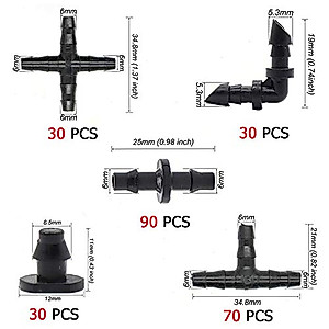 Kalolary 250PCS Irrigation Fittings Kit, Drip Irrigation Barbed Connectors for 1/4-Inch Tubing Flower Garden Lawn Irrigation (90 Straight Barbs + 70 Tees + 30 Elbows + 30 End Plug+ 30 4-Way Coupling)