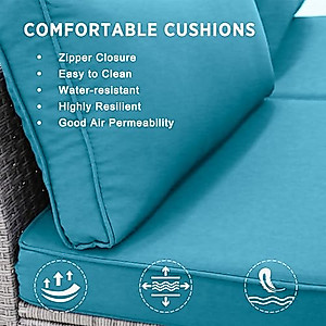 EAGLE PEAK 9 Piece Outdoor Wicker Patio Furniture Set with Fire Table, PE Rattan Sectional Conversation Sofa Set with Seating for 8 People, Light Blue