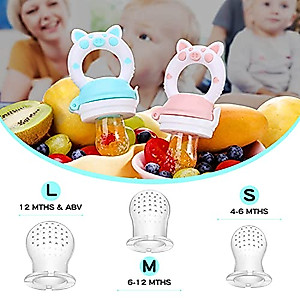 Baby Fruit Food Feeder Pacifier - Fresh Teething Pacifiers, Infant Fruit Teething Teether Toy for 3-24 Months, 6 Pcs Silicone Pouches for Toddlers & Kids & Babies, Piggy Handle 2-Pack (Pink)