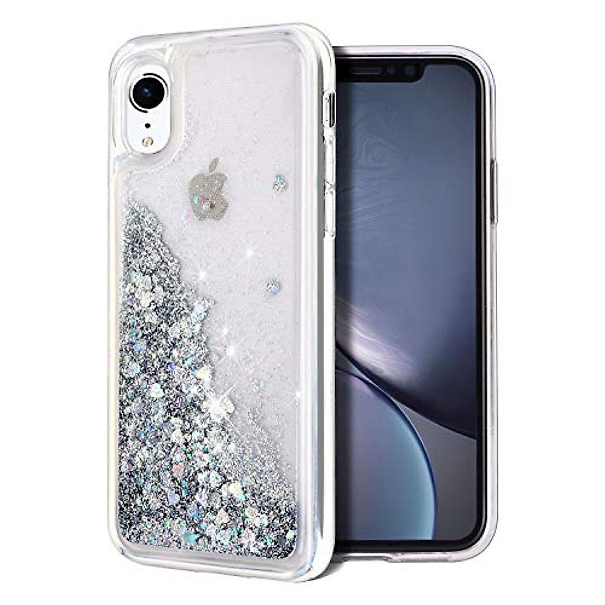 for iPhone XR Case, WORLDMOM Double Layer Design Bling Flowing Liquid Floating Sparkle Colorful Glitter Waterfall TPU Protective Phone Case for Apple iPhone XR [6.1 Inch 2018], Silver