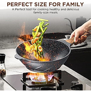 ITSMILLERS Nonstick Wok and Stir Fry Pan 12.5 inch with Spatula, Die-cast Aluminum Scratch Resistant Healthy Wok with Free-standing Lid