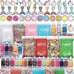 Hulluter 70PCS Slime Add Ins Slime Kit Floam Beads Fish Bowl Beads Mreaind Unicorn Slime Charms Glitter Jars Slime Supplies Kit