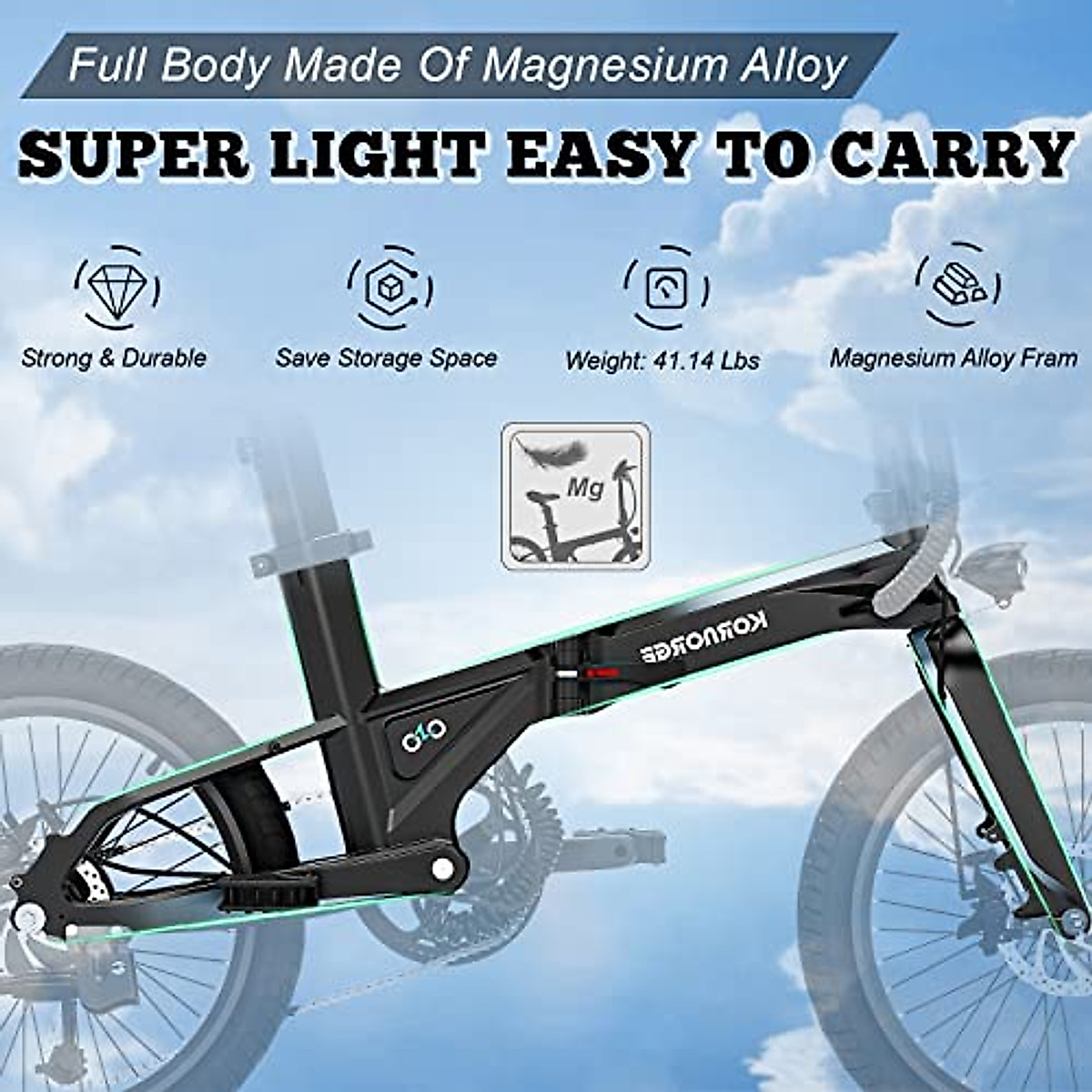 KORNORGE Electric Bike A9, 20" Ultra Light Foldable Electric Bike, Lightweight Frame, LED Headlight Sports Style Electric Bike for Adults and Teens,Black