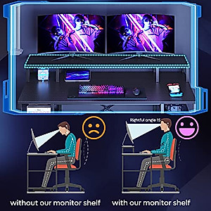 Bestier Gaming Desk with Monitor Shelf, 55 inches Home Office Desk with Open Storage Shelves, Writing Gaming Study Table Workstation for Small Space, Carbon Fiber