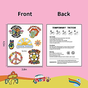 TATUWST Hippie Temporary Tattoos for man and Women Adult 70’s Groovy Hippie Love and Peace Rainbow Waterproof Face Body Waterproof Body Party Accessories,79 styles Tiny Removable Fake Tattoo stickers