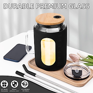 50OZ Glass Tumbler with Bamboo Lids & Straws, Birthday Gifts for Women, Glass Handle Cup with Silicone Sleeve, Valentine Mother's Day Gifts for Women Mom Wife Daughter Sister at Home Office(Black)