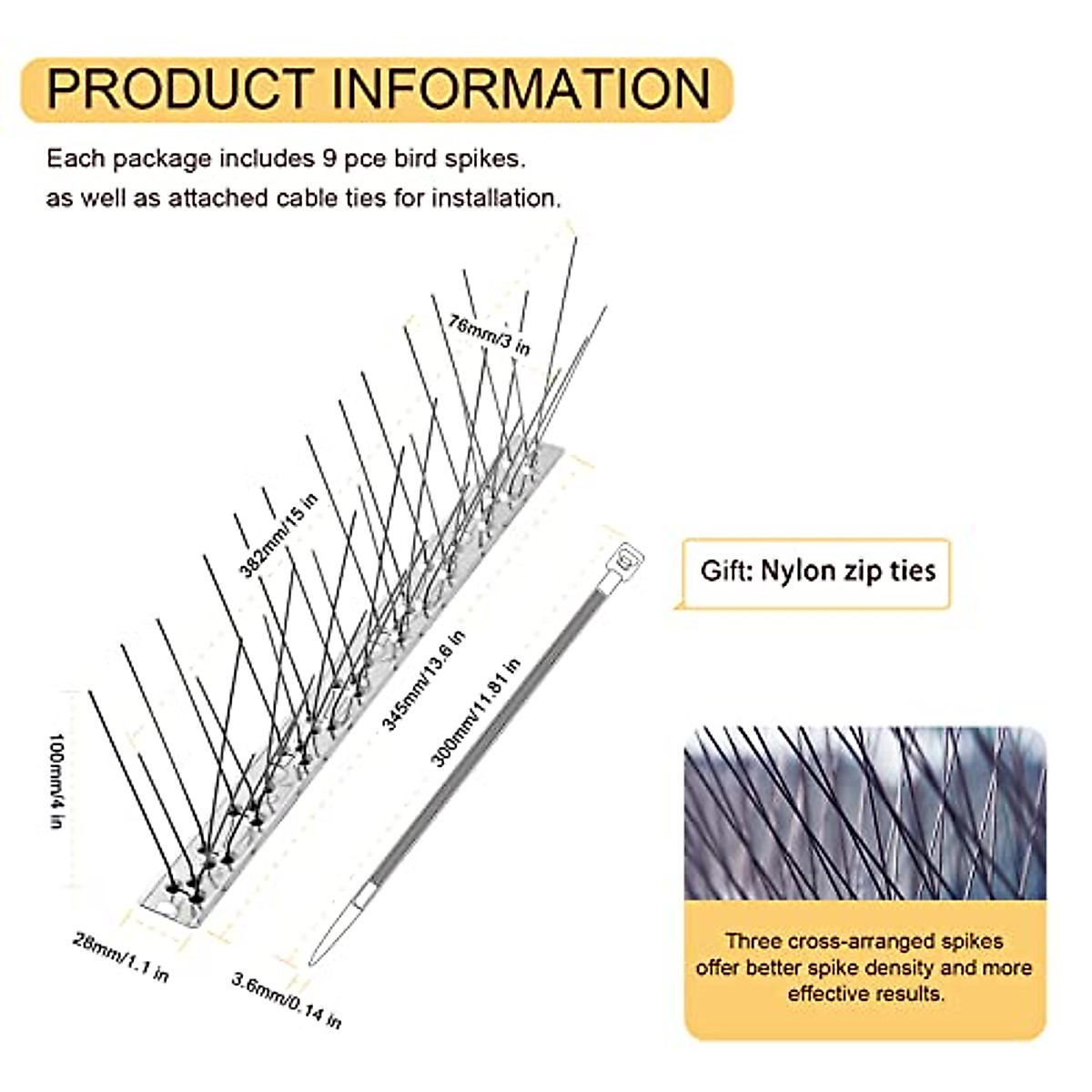 OFFO Bird Spikes with Stainless Steel Base, Durable Bird Repellent Spikes Arrow Pigeon Spikes Fence Kit for Deterring Small Bird, Crows and Woodpeckers, Covers 10.2 Feet(3.1m)