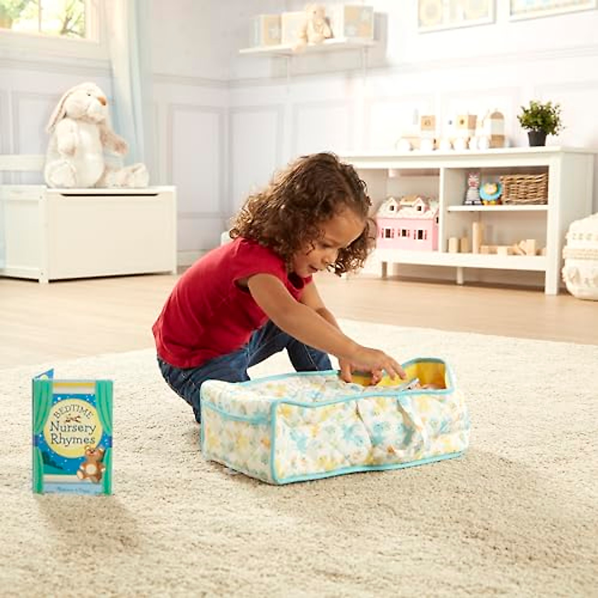 Melissa & Doug Mine to Love Bassinet Play Set Portable Carrier for Dolls with Crinkle Toy, for 3+ years, Nursery Rhyme Book