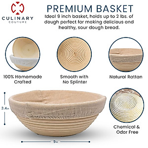 Culinary Couture Proofing Basket Set - Includes 2 Rattan Banneton Baskets & Linen Liners, Metal Scraper, Plastic Scraper, Scoring Lame, Dough Whisk, 5 Blades with Case - Complete Sourdough Starter Kit