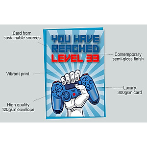 33rd Birthday Card, You Have Reached Level 33, Greeting Card for Thirty-Three Year Old Gamer Birthday Gift for Adult Son or Daughter, For Him Her Grandson Granddaughter, Blue