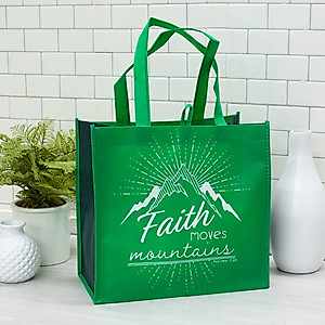 Faith Moves Mountains Scripture Green 12.5 x 12 Canvas Fabric Eco Tote Handbag