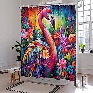 Reateforin Flamingo Shower Curtains for Bathroom Summer Shower Curtains for Transfer Bench Tropcial Botanical Flower Bathroom Decorative Rainbow Flamingo with Orchids Neon Bathroom Accessory 72"x72"
