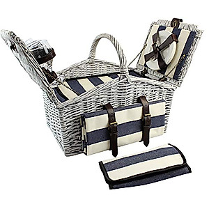 HappyPicnic 'Huntsman' Willow Picnic Hamper for 4 Persons with 'Built-in' Insulated Cooler, Wicker Picnic Basket with Canvas Stripe Lining, Willow Picnic Set, Picnic Gift Basket (Navy Stripe)