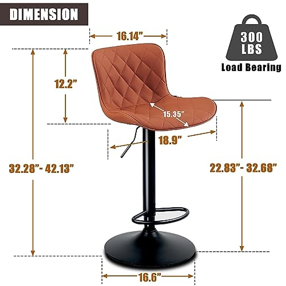 YOUNUOKE Bar Stools Set of 2 with Back Modern Faux Leather Swivel Counter Height Barstools Adjustable Tall Bar Stool Chairs for Kitchen Islands, Ochre Red