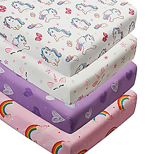 4 Pack Soft Baby Girl Crib Sheets for Standard Crib Mattress Unicron Rainbow Heart Cute Neutral Polyester Unisex Fitted Crib Sheets Set for Baby Girls