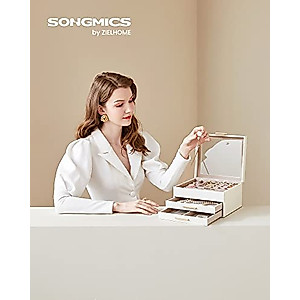 SONGMICS Jewelry Box with Glass Lid, 3-Layer Jewelry Organizer, 2 Drawers, Jewelry Storage, Lots of Storage Space, Modern, Gift Idea, 8 x 9.1 x 5.3 Inches, Cloud White and Gold Color UJBC239WT