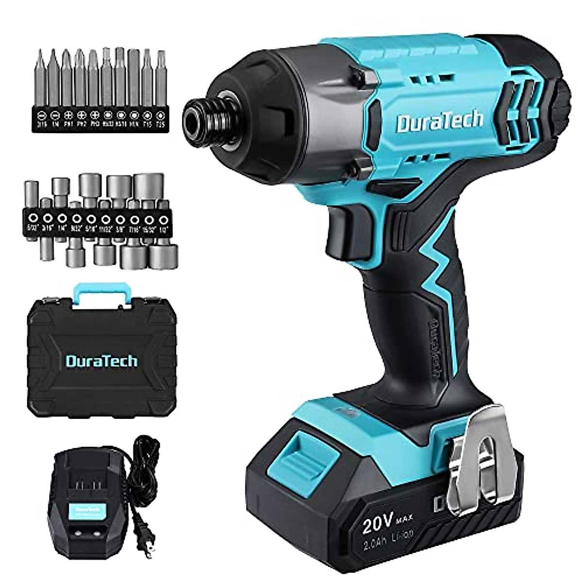 DURATECH Impact Driver Kit - 20V Electric 1/4 Inch Driver Set with 20 Pcs Sockets and Screwdriver Bits, Fast Charger and Heavy Duty Storage Case Included, Great Gift