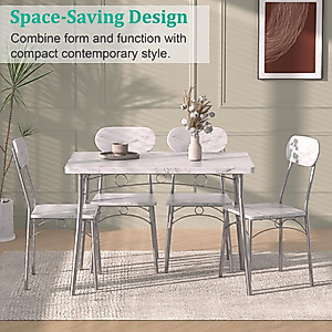 VECELO 5-Piece Dining Room Table Set, Rectangular Dinette with 4 Chairs for Kitchen, Breakfast Nook, Small Space, Marble White