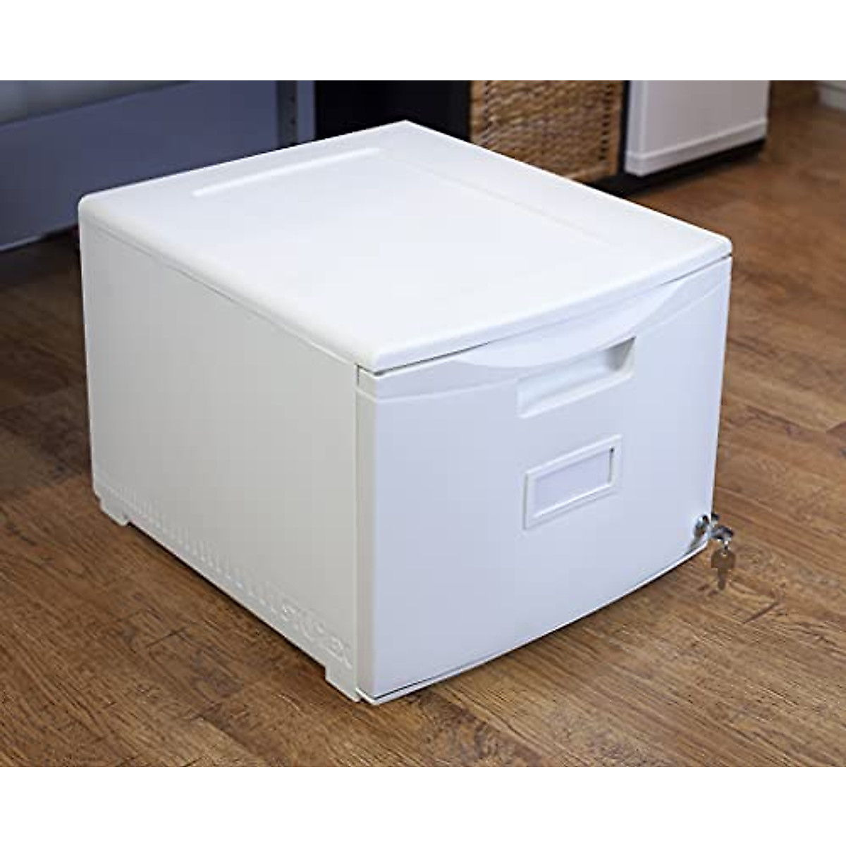 Storex Plastic One-Drawer File Cabinet – Locking Document Organizer for Home and Office, White, 1-Pack (61271B01C)