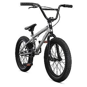 Mongoose Legion L18 Kids Freestyle Sidewalk BMX Bike, Beginner Riders, 18-inch Wheels, Hi-Ten Steel Frame, Micro Drive 25x9T BMX Gearing, Silver
