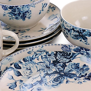 Elama Traditional Dessert Rose 16 Piece Dinnerware Set, Desert with Blue Rose Accents (EL-BLUE-ROSE)