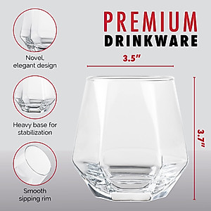 Diamond Whiskey Glasses - Stemless Wine Glass Set of 4- Geometric Tilting Design- Rolling Whiskey Glasses -Stem Less Anti Rocking Cup Diamonds Shaped Tilted Glassware Drinking Tumblers for Wiskey/Wine