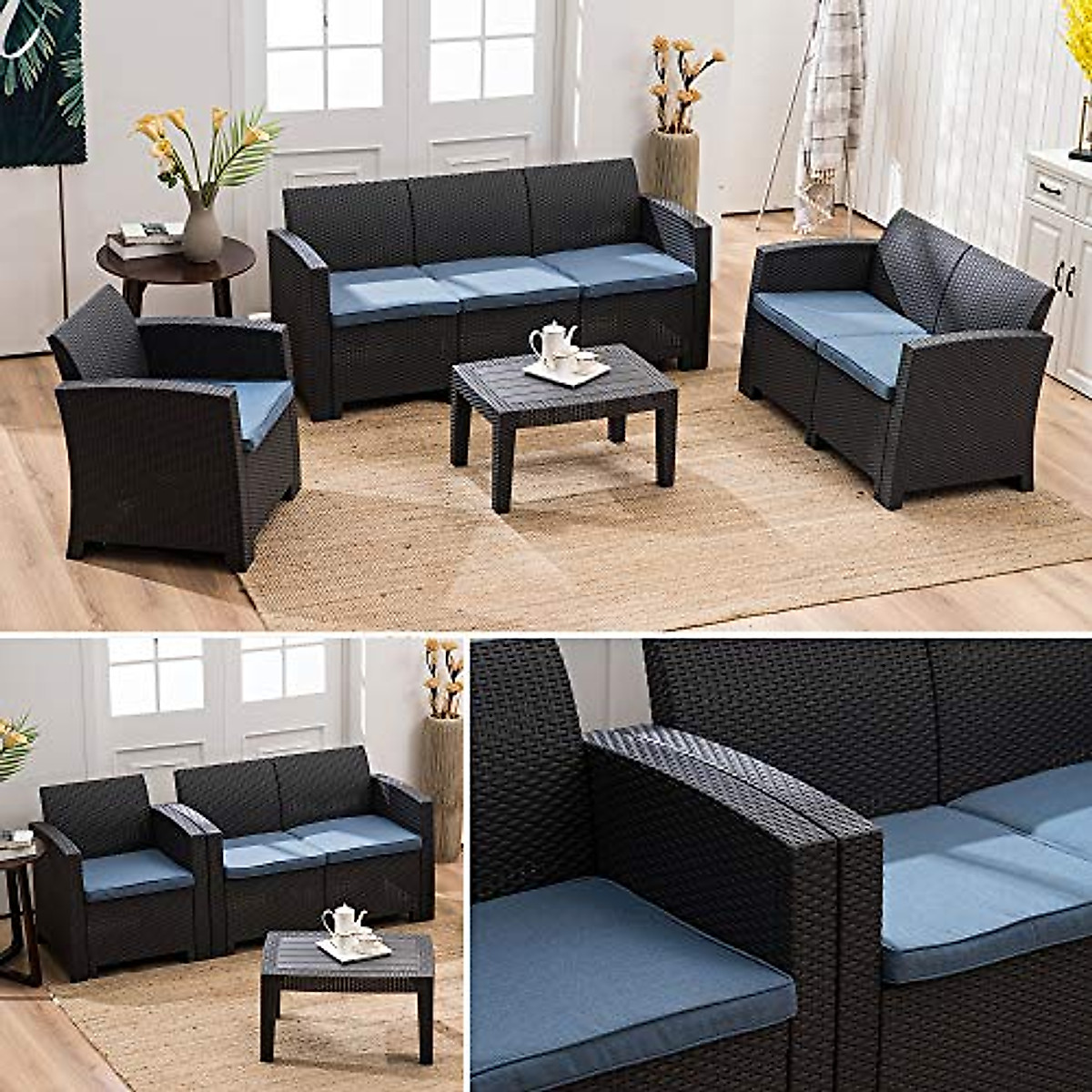 MCombo 7pcs Patio Furniture Set All-Weather Outdoor Sectional Sofa Rattan Pattern Patio Conversation Set w/Seat Cushions 6050-800 (Blue)