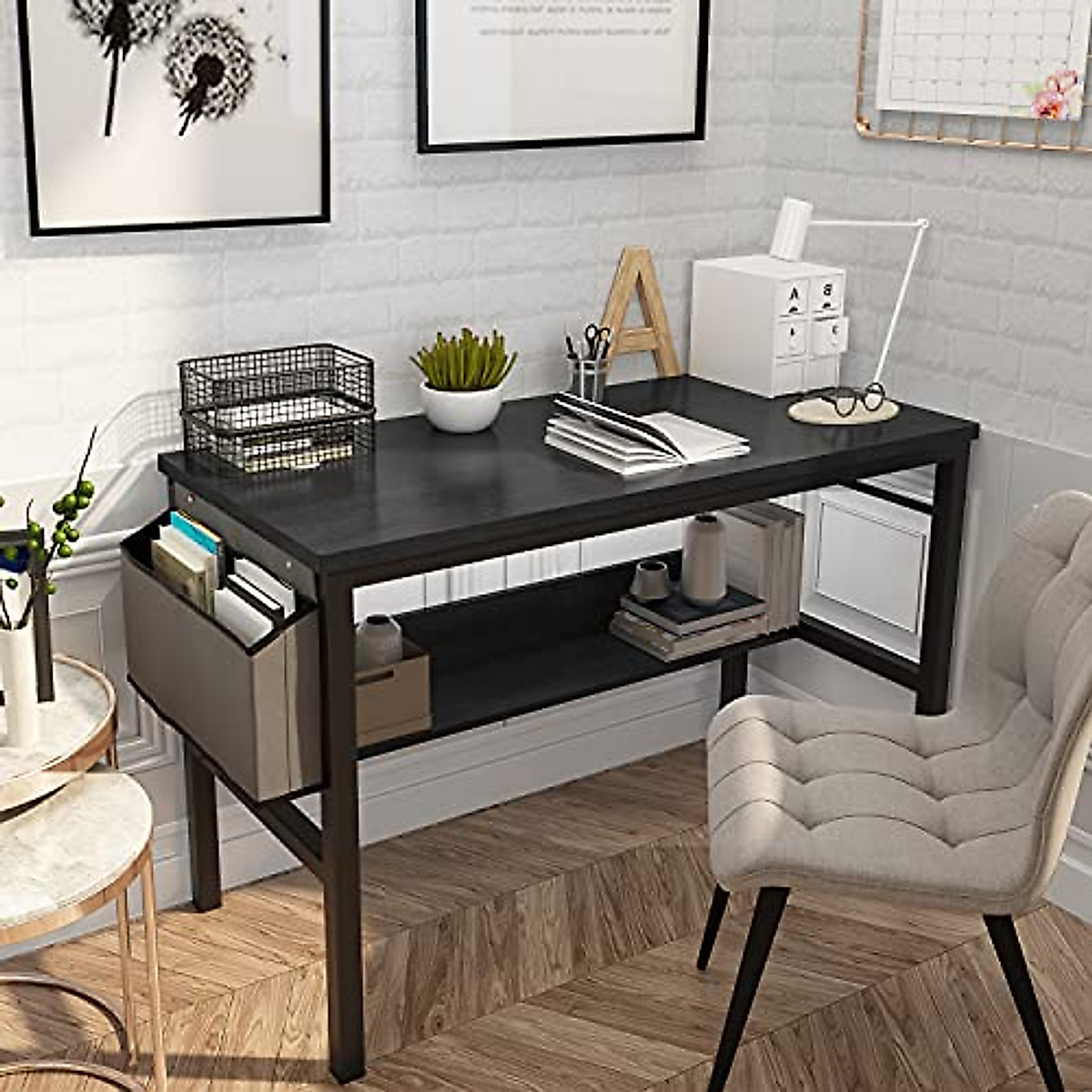 AWQM Modern Home Office Desk, Computer Desk with Side Bag, Storage Shelves and Iron Hook, Work Table, Study Writing Table, Gaming Desk, Workstation for Small Spaces, Black