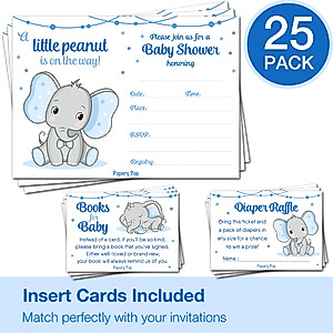 Set of 25 Baby Shower Invitations for Boy with Envelopes, Diaper Raffle Tickets and Baby Shower Book Request Cards - Elephant